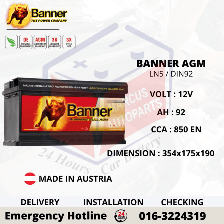 BANNER RUNNING BULL AGM LN5 DIN92L 59201 92Ah 850CCA AGM Car Battery ...