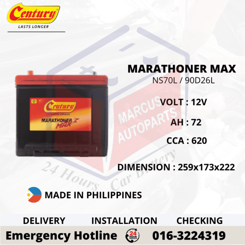 CENTURY MARATHONER MAX NS70L 90D26L CAR BATTERY | 24 HOURS CAR BATTERY ...