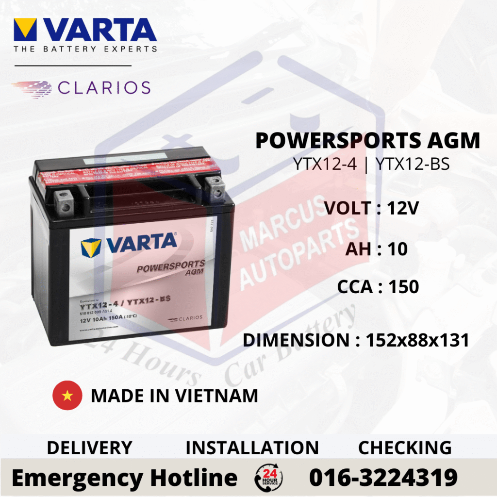 VARTA POWERSPORTS AGM YTX12-BS AUXILIARY BATTERY | 24 HOURS CAR BATTERY 0163224319